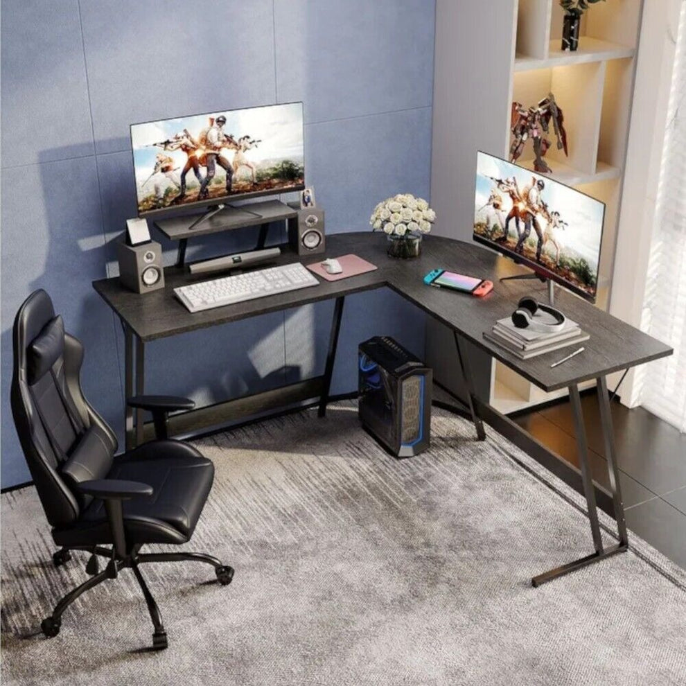 Style & Function: Black Wood Finish L-Shaped Corner Computer Gaming De ...