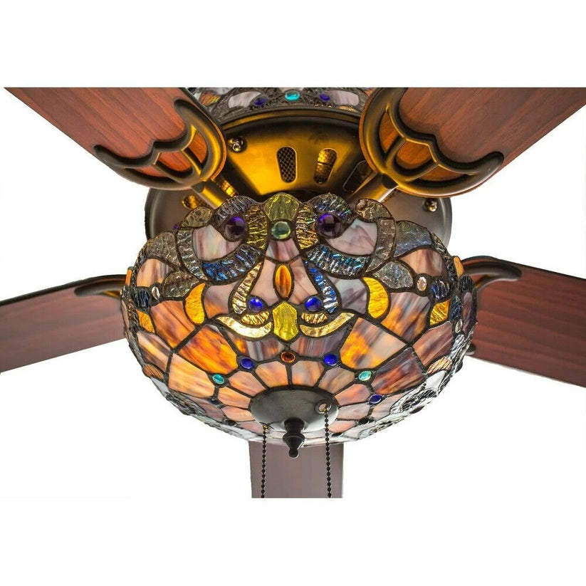 Tiffany Style Stained Glass Violet Purple Ceiling Fan 52in Wide - Pull ...