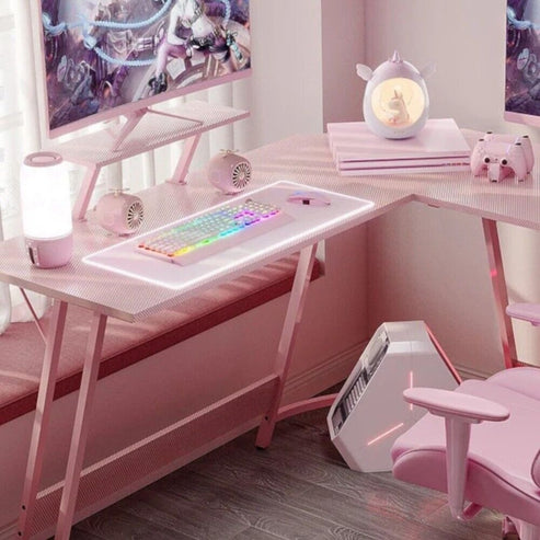 Style & Function: Pink Finish L-Shaped Corner Computer Gaming Desk ...
