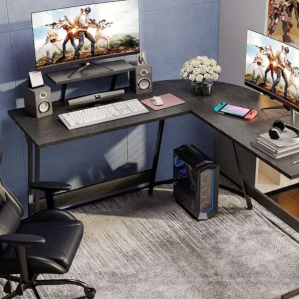 Style & Function: Black Wood Finish L-Shaped Corner Computer Gaming De ...