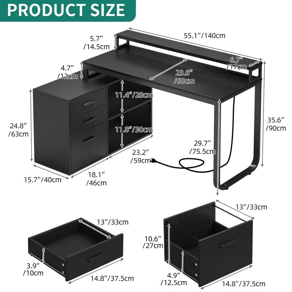 L-Shaped Computer Desk Wireless Charge, LED Lit & File Cabinet in Blac ...