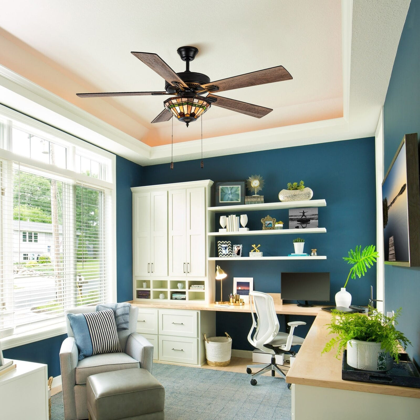 Ceiling Fan Amber and Green Stained Glass Oil-Rubbed Bronze 52in 3-Lig ...