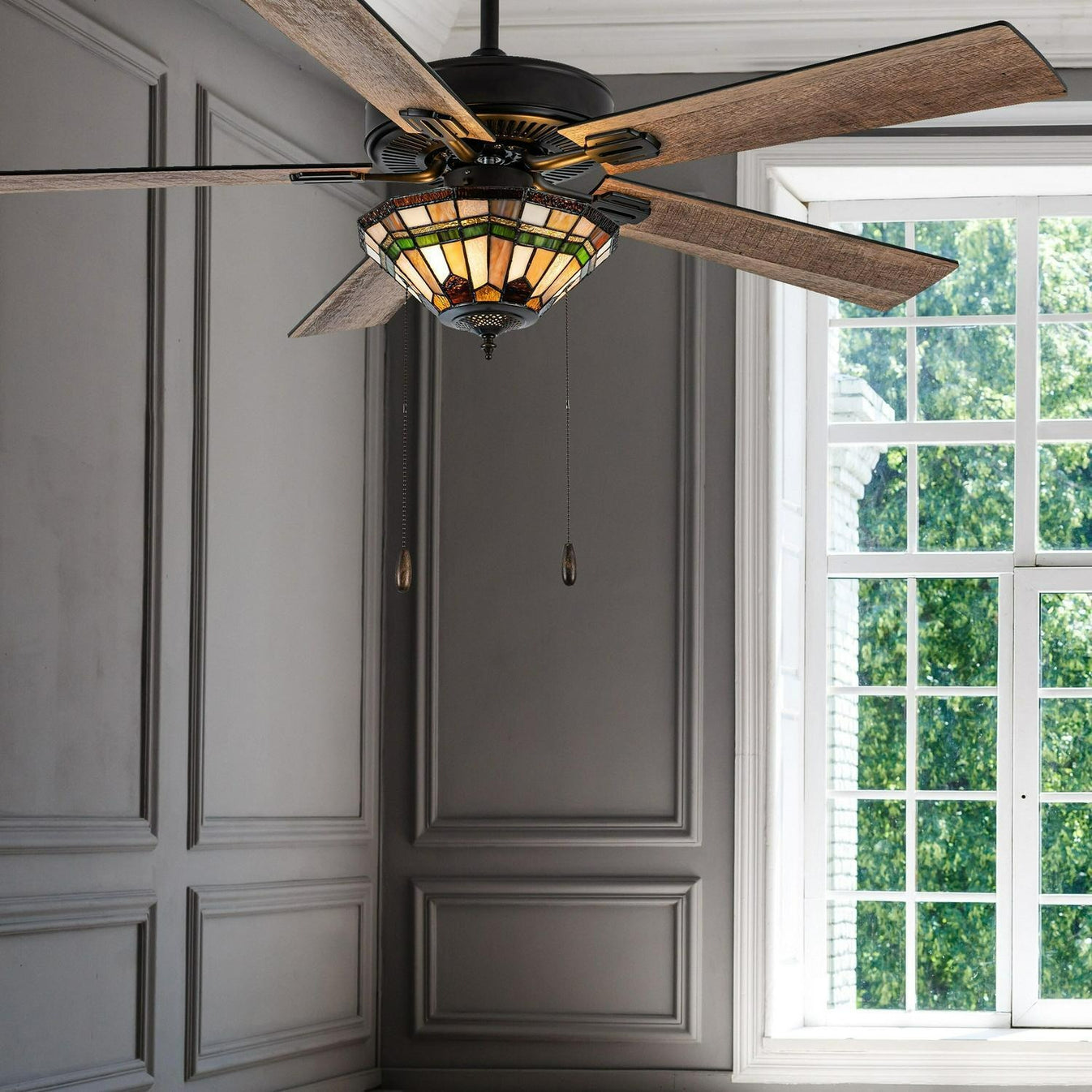 Ceiling Fan Amber and Green Stained Glass Oil-Rubbed Bronze 52in 3-Lig ...