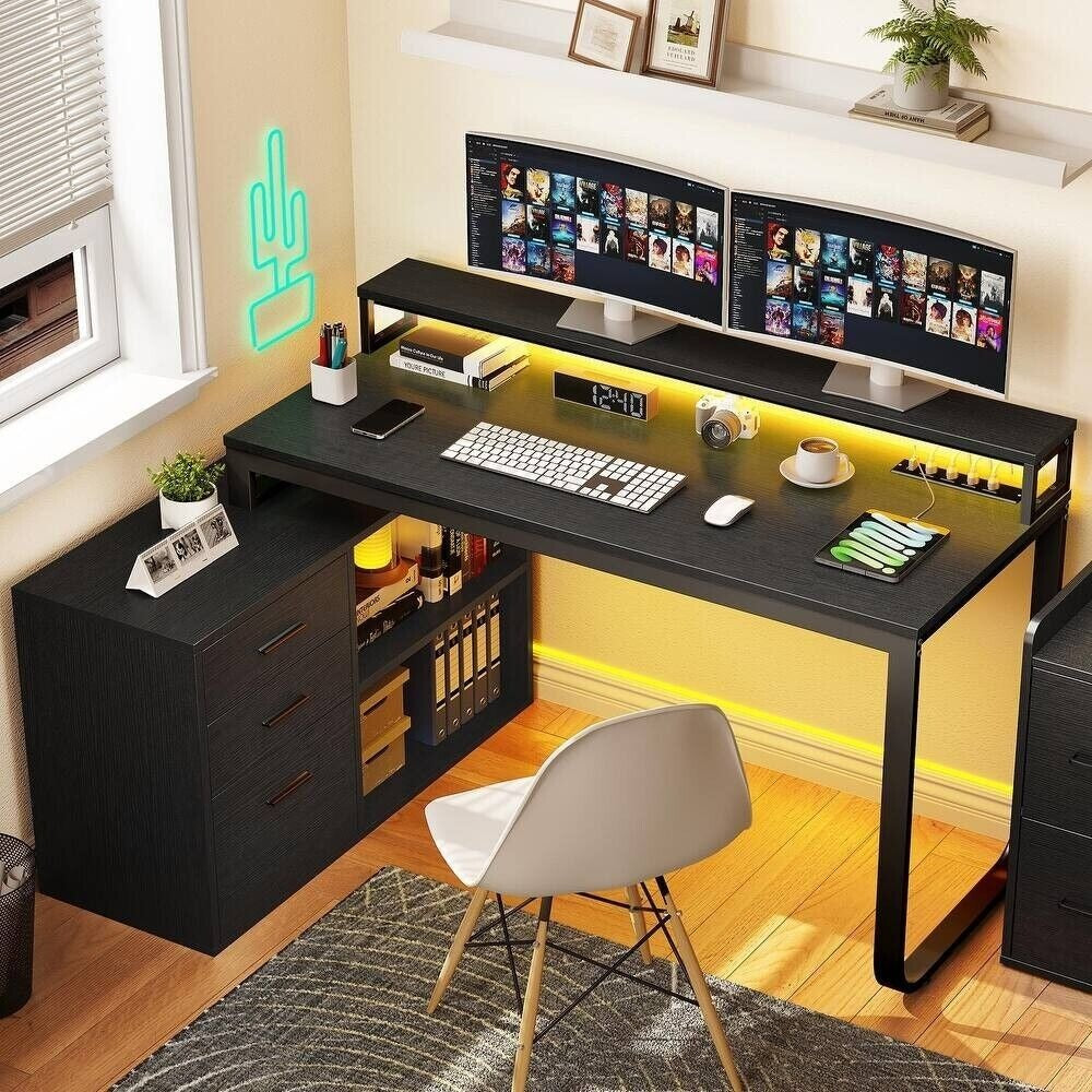 L-Shaped Computer Desk Wireless Charge, LED Lit & File Cabinet in Blac ...