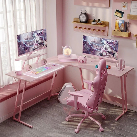 Style & Function: Pink Finish L-Shaped Corner Computer Gaming Desk ...