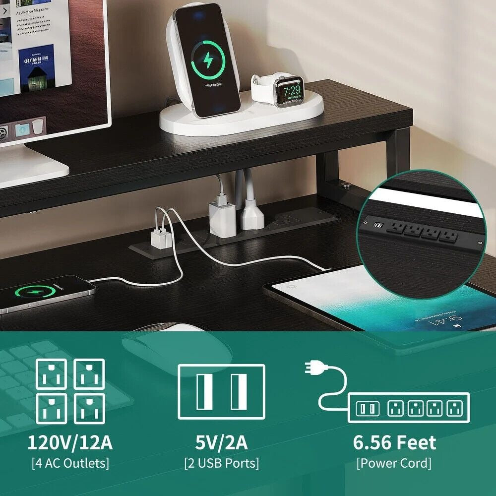 L-Shaped Computer Desk Wireless Charge, LED Lit & File Cabinet in Blac ...