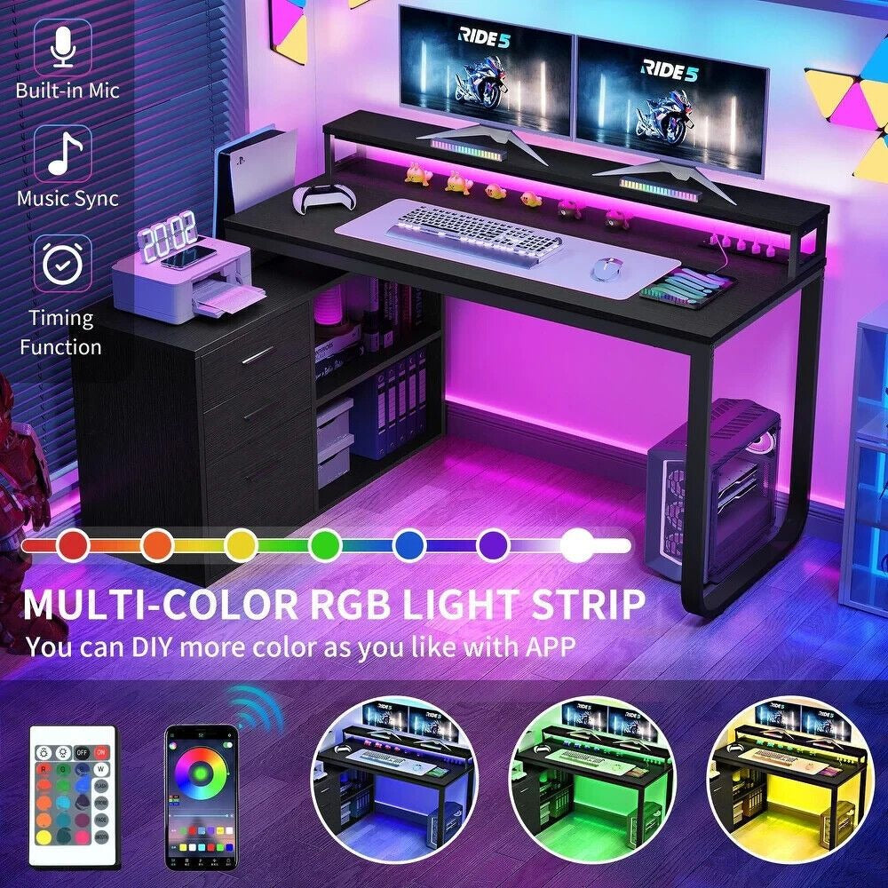 L-Shaped Computer Desk Wireless Charge, LED Lit & File Cabinet in Blac ...