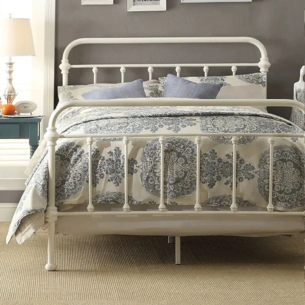 Antique-Style Iron Bed Frame with Flowing Curved Spindle Design, White ...
