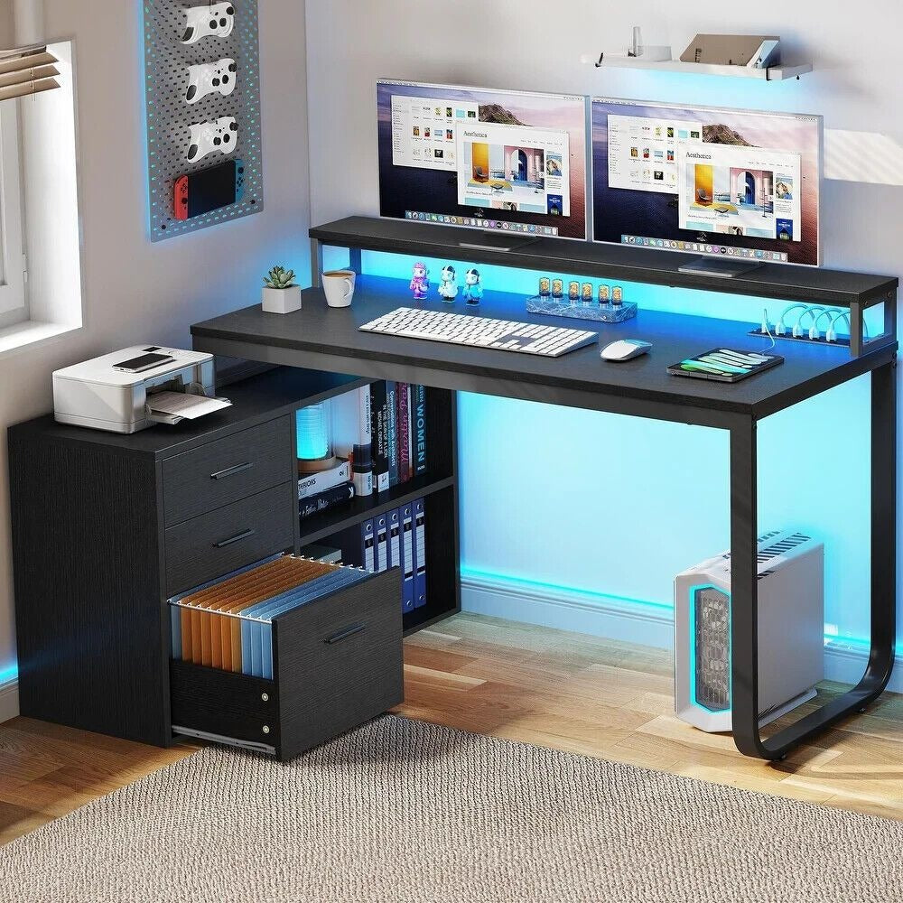L-Shaped Computer Desk Wireless Charge, LED Lit & File Cabinet in Blac ...