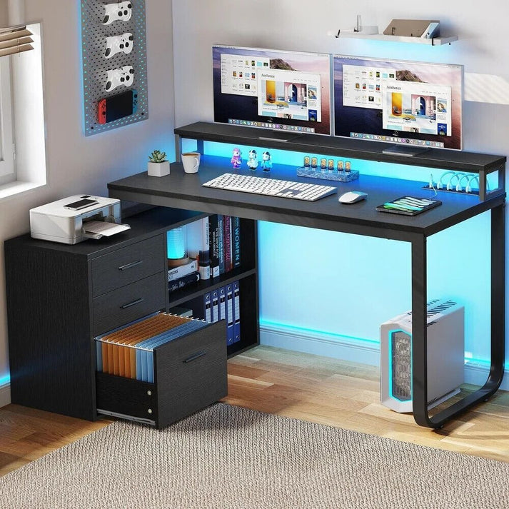 L-Shaped Computer Desk Wireless Charge, LED Lit & File Cabinet in Blac ...