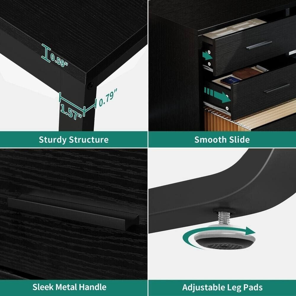 L-Shaped Computer Desk Wireless Charge, LED Lit & File Cabinet in Blac ...