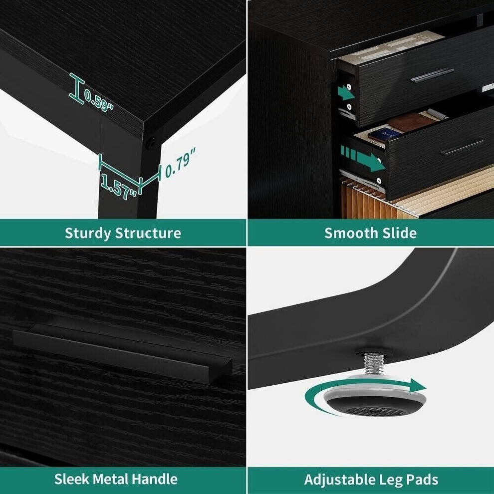 L-Shaped Computer Desk Wireless Charge, LED Lit & File Cabinet in Blac ...