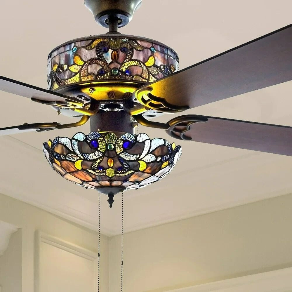 Tiffany Style Stained Glass Violet Purple Ceiling Fan 52in Wide - Pull ...