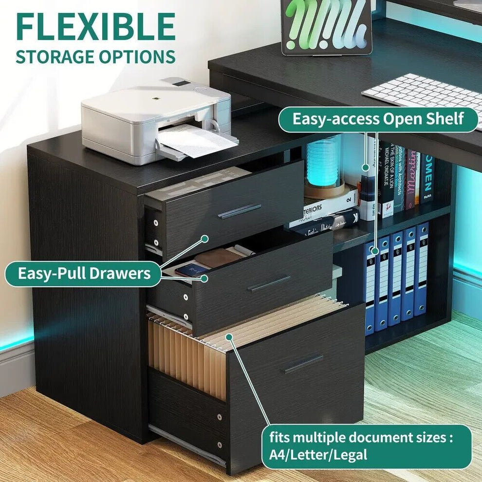 L-Shaped Computer Desk Wireless Charge, LED Lit & File Cabinet in Blac ...