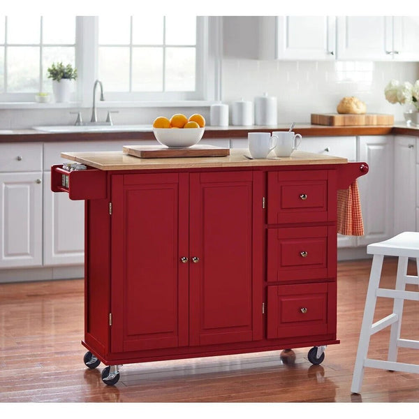 Red Kitchen Cart Rolling Island Cabinet - Natural Finish Wood Top & Dr ...