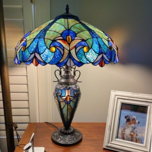 Tiffany Style Table Lamp Royal Blue Stained Glass Reading Accent Victo ...
